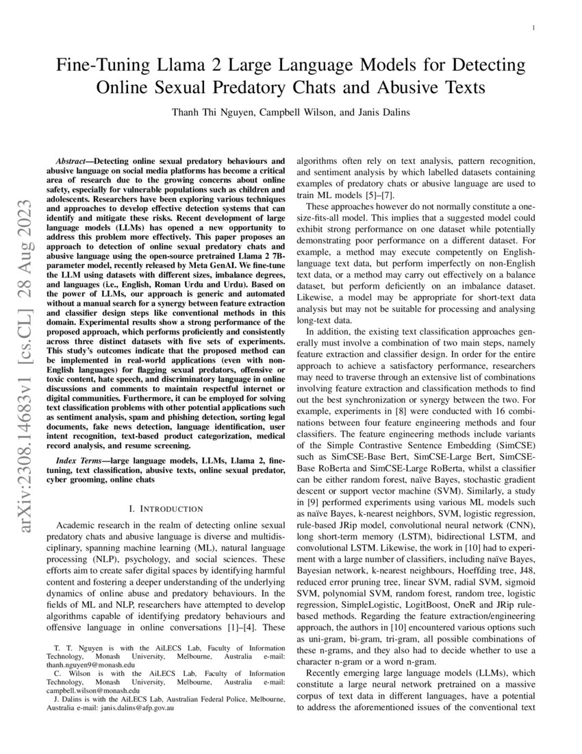Fine-Tuning Llama 2 Large Language Models for Detecting Online Sexual ... Fine-Tuning Llama 2 Large Language Models for Detecting Online Sexual ...