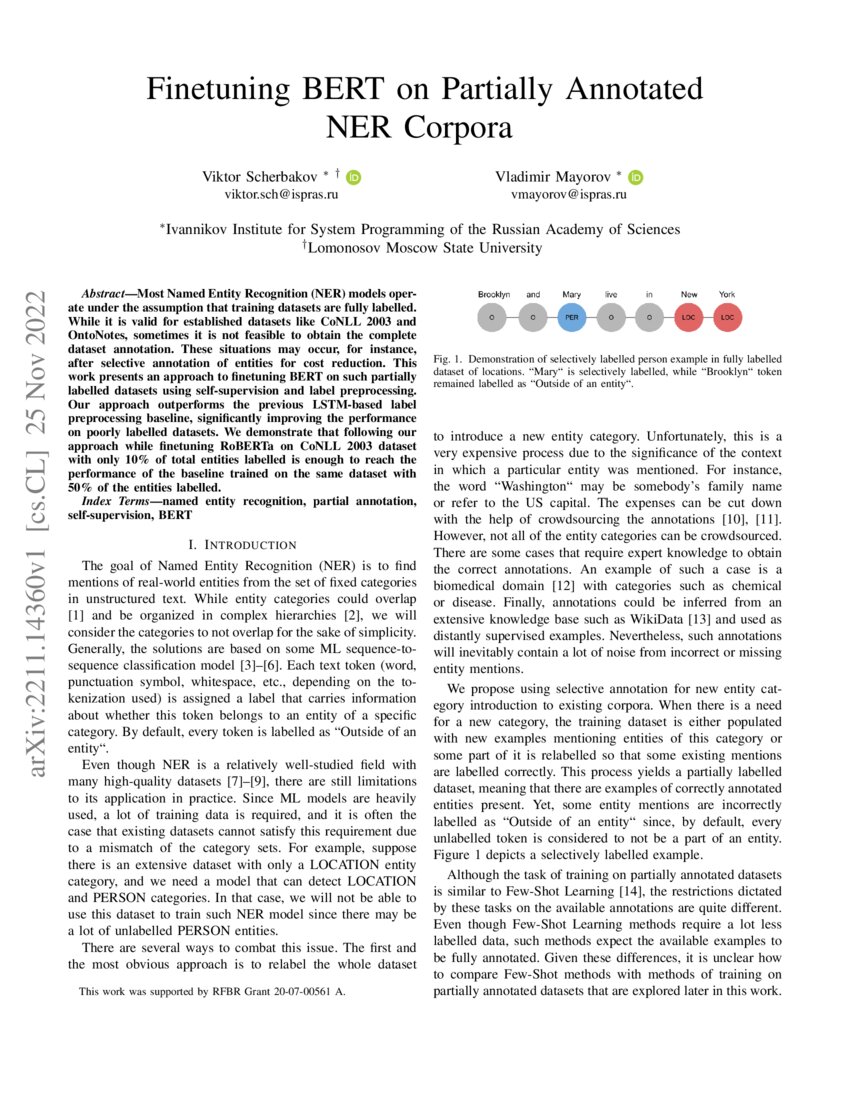 Finetuning BERT on Partially Annotated NER Corpora | DeepAI
