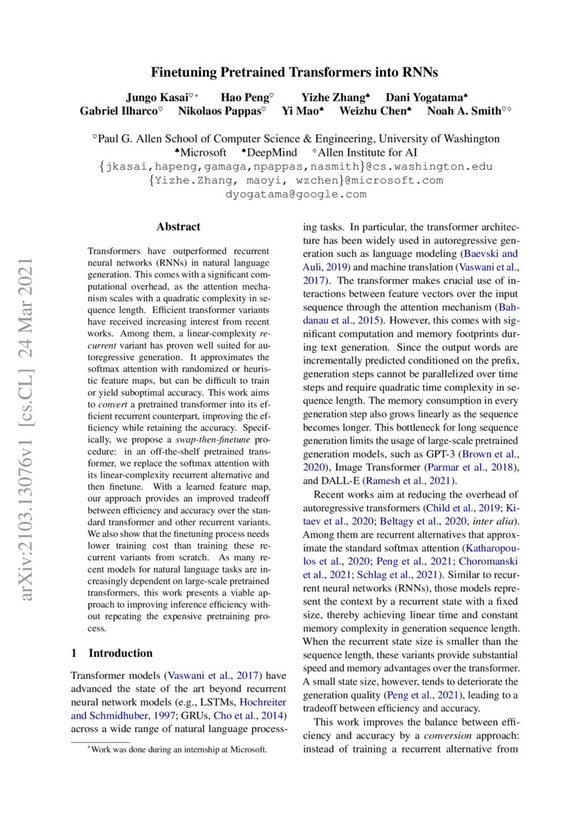 Finetuning Pretrained Transformers into RNNs | DeepAI