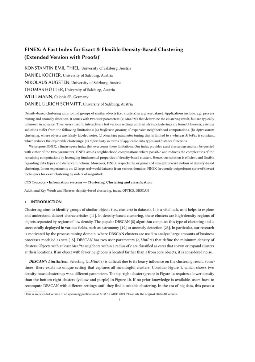 FINEX: A Fast Index for Exact Flexible Density-Based Clustering (Extended Version with Proofs ...