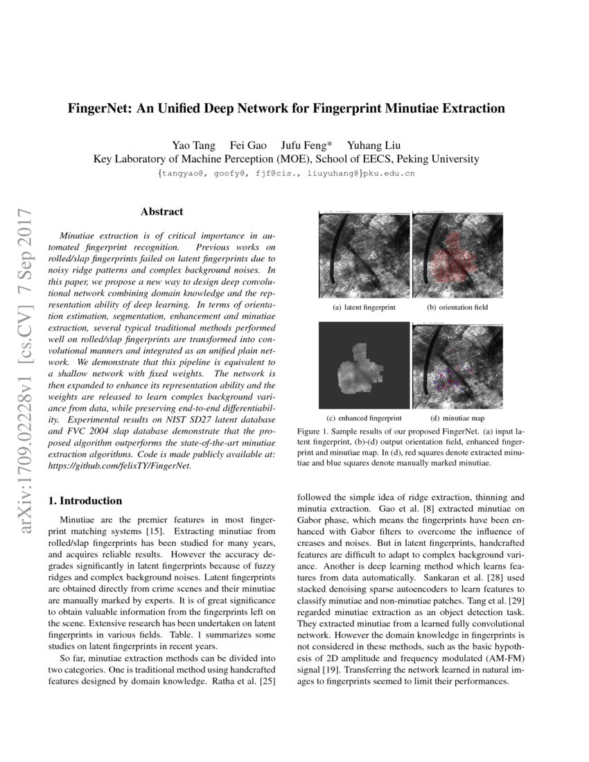 Fingernet An Unified Deep Network For Fingerprint Minutiae Extraction Deepai