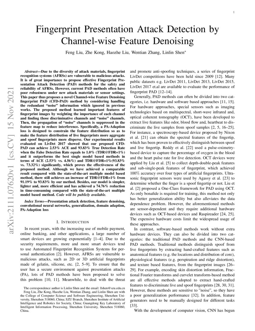 Fingerprint Presentation Attack Detection by Channel-wise Feature Denoising | DeepAI