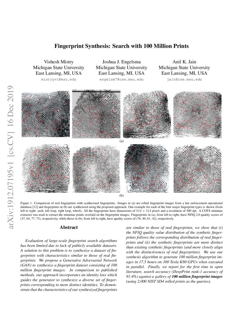 Fingerprint Synthesis: Search with 100 Million Prints | DeepAI