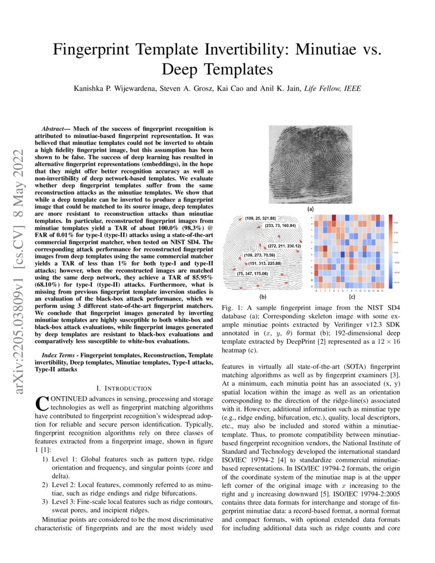 Fingerprint Template Invertibility Minutiae Vs Deep Templates Deepai