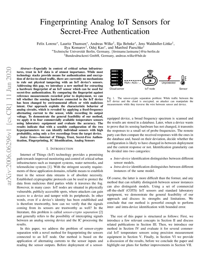 Fingerprinting Analog IoT Sensors for Secret-Free Authentication | DeepAI