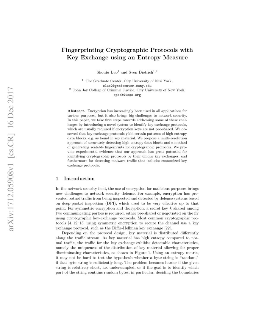 Fingerprinting Cryptographic Protocols with Key Exchange using an Entropy Measure | DeepAI