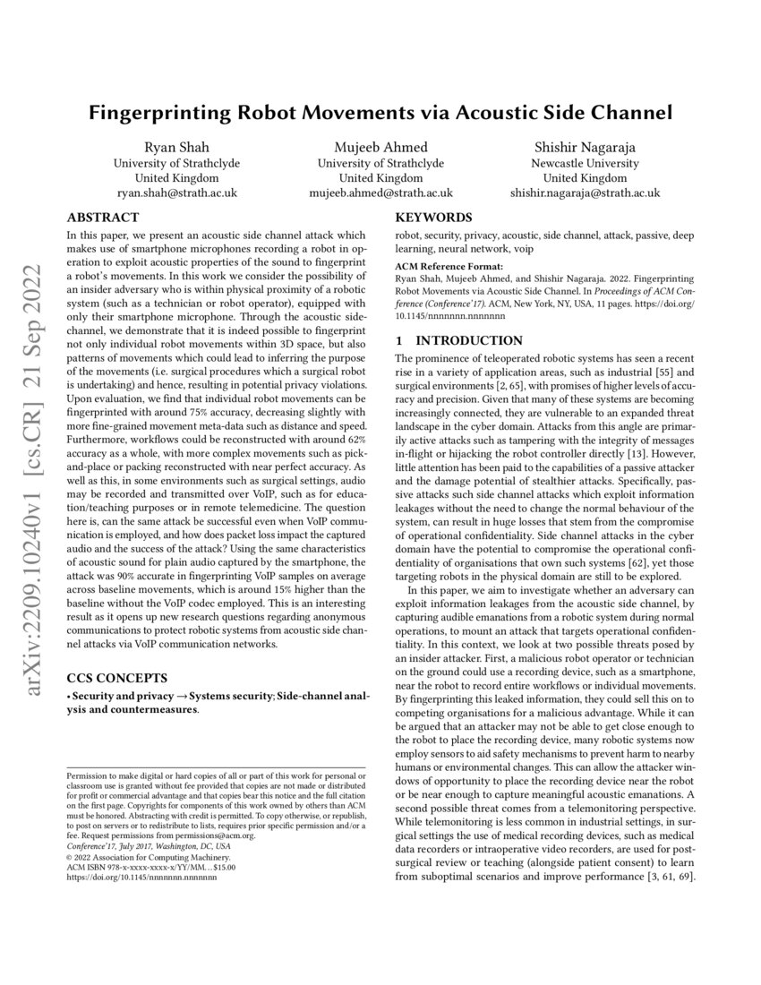 Fingerprinting Robot Movements via Acoustic Side Channel | DeepAI