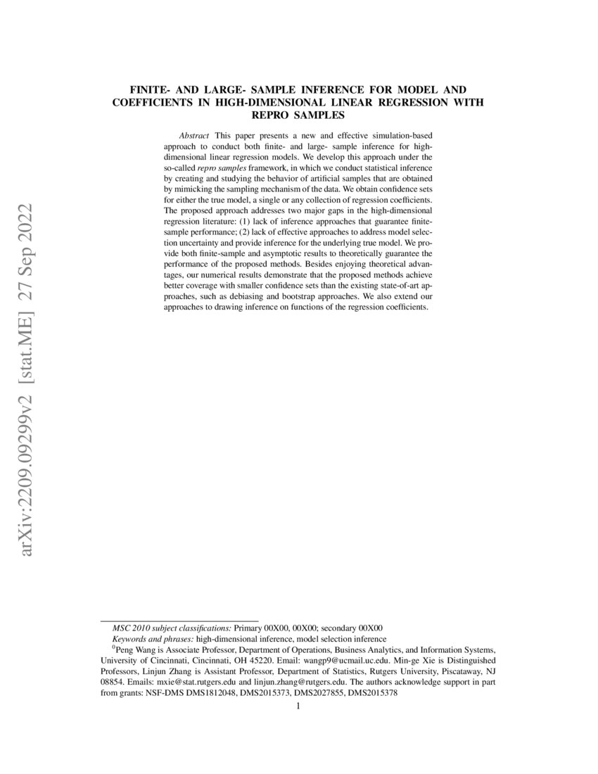 Finite And Large Sample Inference For Model And Coefficients In High