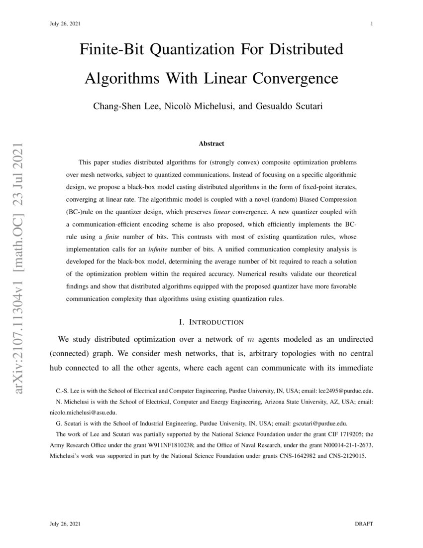 Finite Bit Quantization For Distributed Algorithms With Linear Convergence Deepai