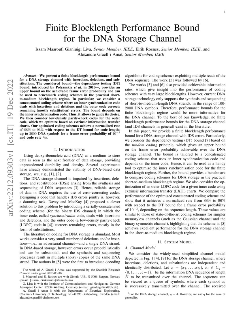 Finite Blocklength Performance Bound for the DNA Storage Channel | DeepAI