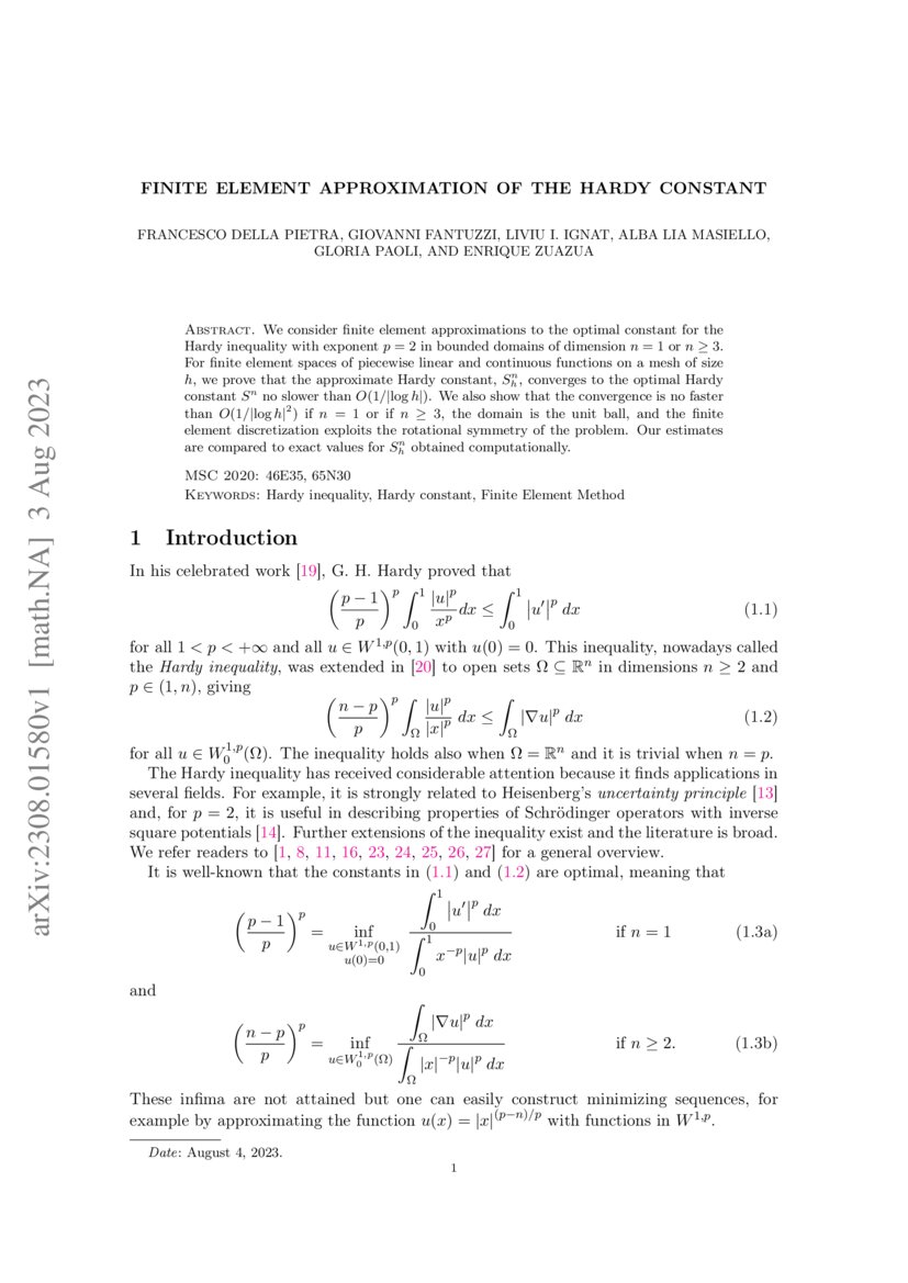 Finite Element Approximation Of The Hardy Constant Deepai
