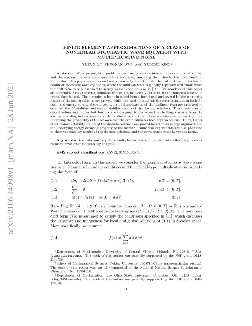 Finite Element Approximations Of A Class Of Nonlinear Stochastic Wave Equation With