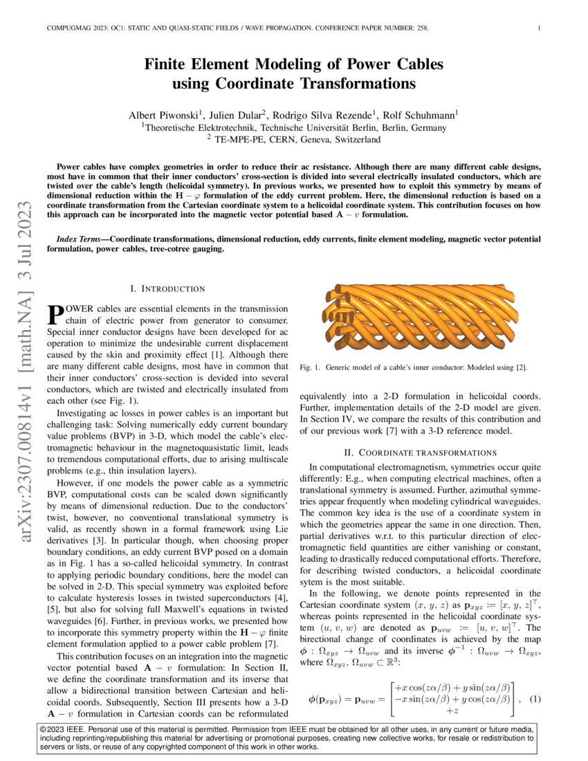 Finite Element Modeling of Power Cables using Coordinate Transformations | DeepAI