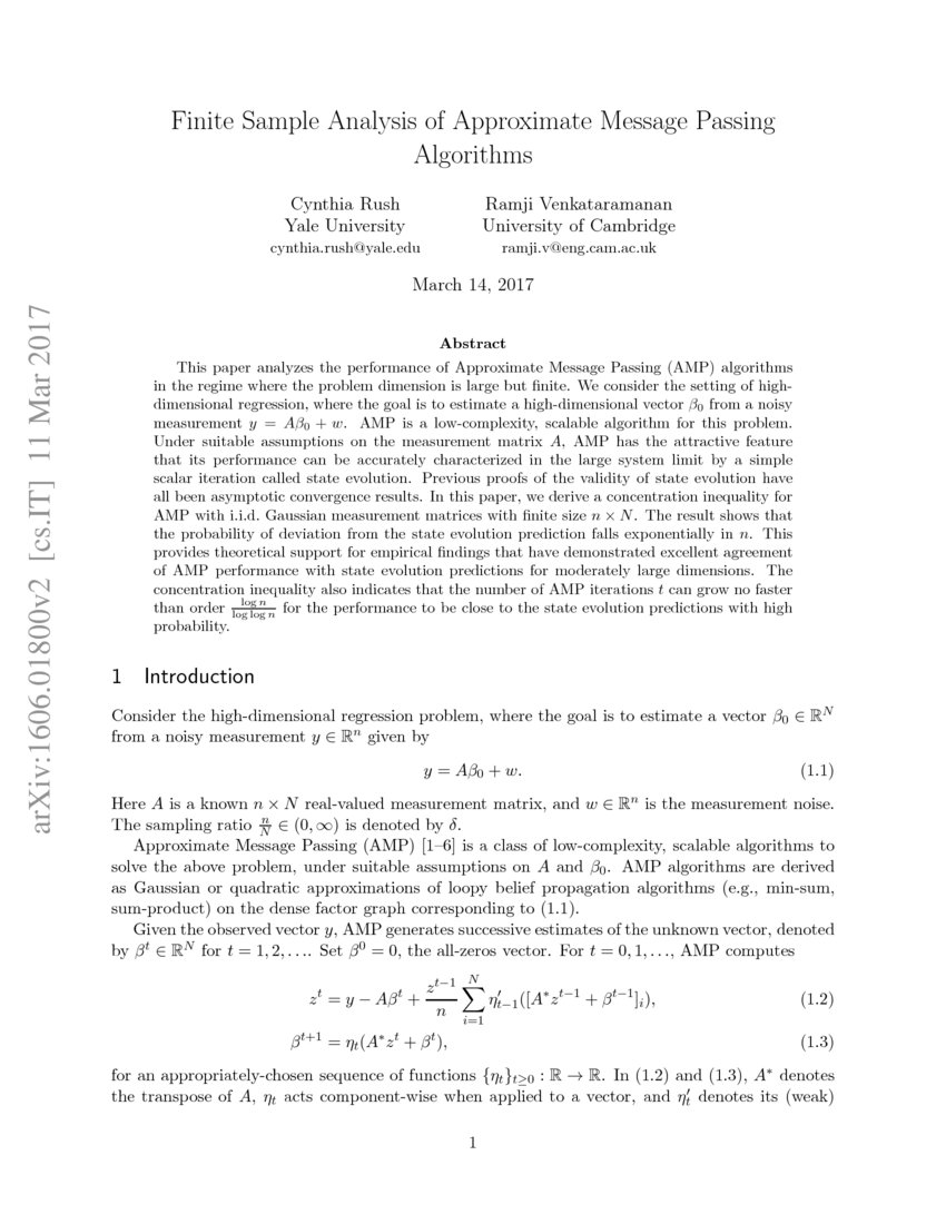 Finite Sample Analysis Of Approximate Message Passing Algorithms Deepai