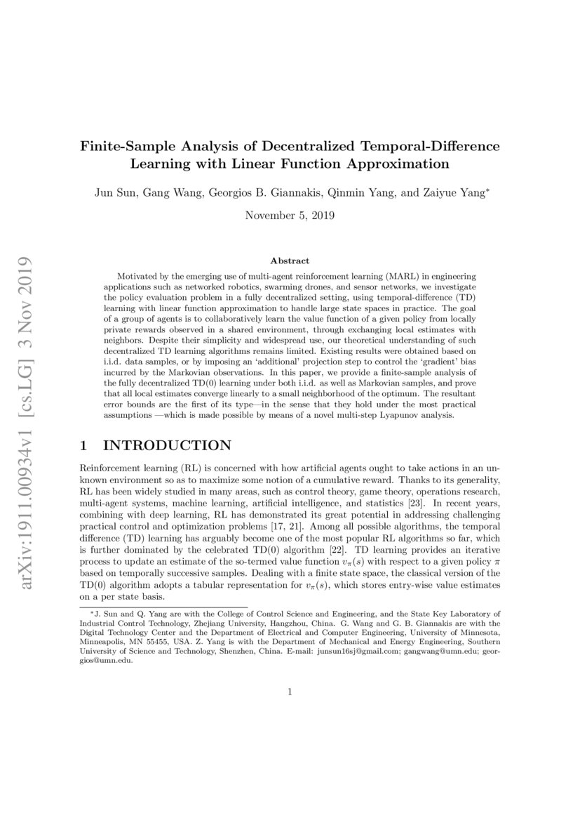 Finite Sample Analysis Of Decentralized Temporal Difference Learning With Linear Function
