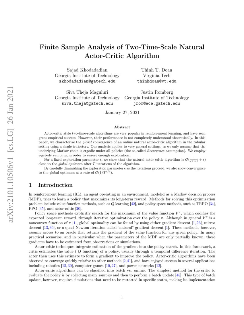 Finite Sample Analysis Of Two Time Scale Natural Actor Critic Algorithm Deepai