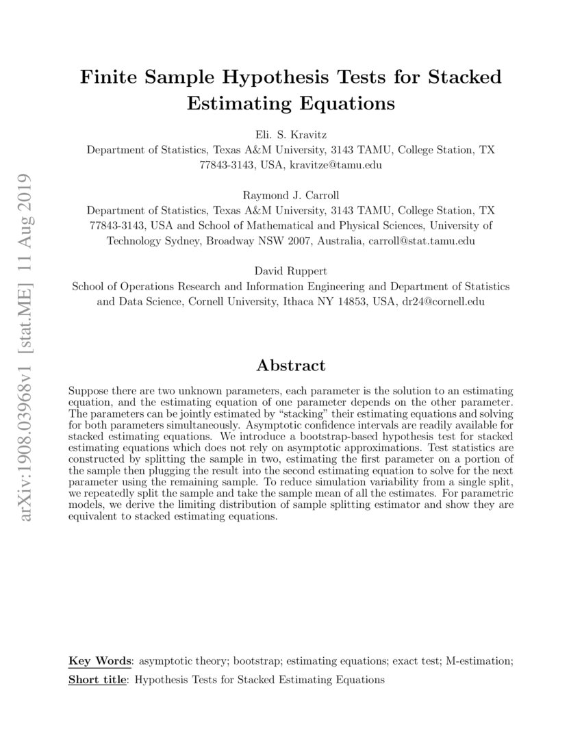 Finite Sample Hypothesis Tests for Stacked Estimating Equations | DeepAI