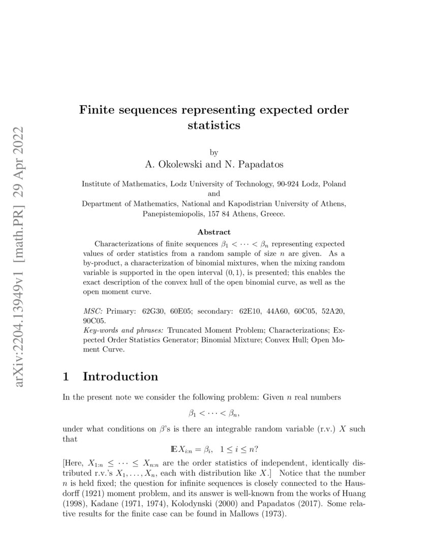 Finite Sequences Representing Expected Order Statistics Deepai
