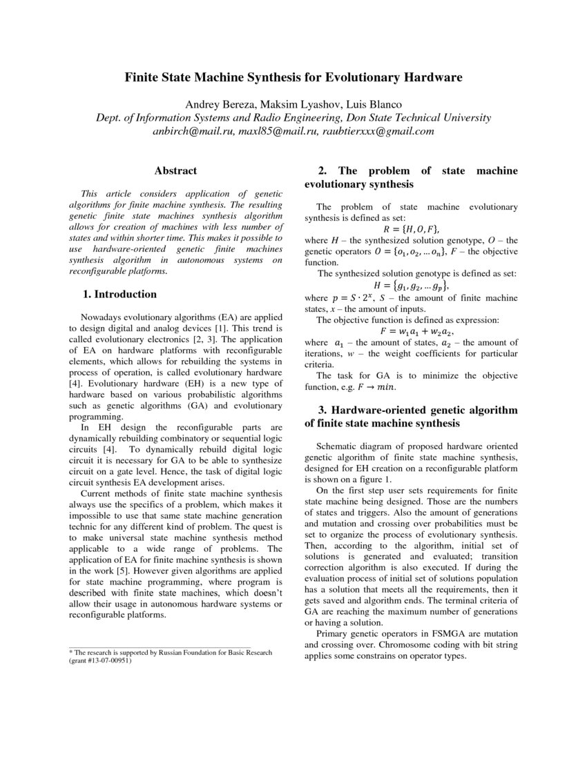 Finite State Machine Synthesis For Evolutionary Hardware Deepai