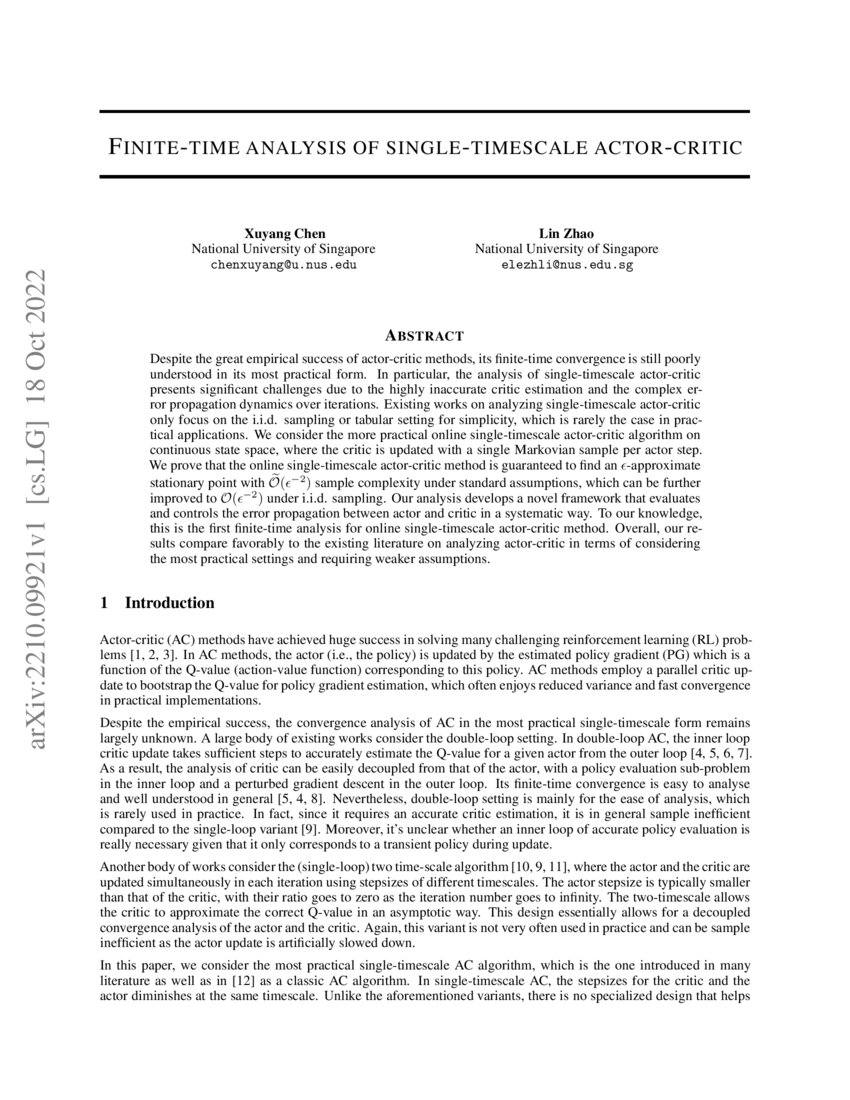 Finite Time Analysis Of Single Timescale Actor Critic Deepai