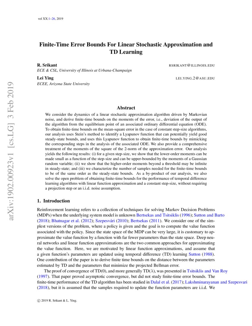 Finite Time Error Bounds For Linear Stochastic Approximation And Td Learning Deepai