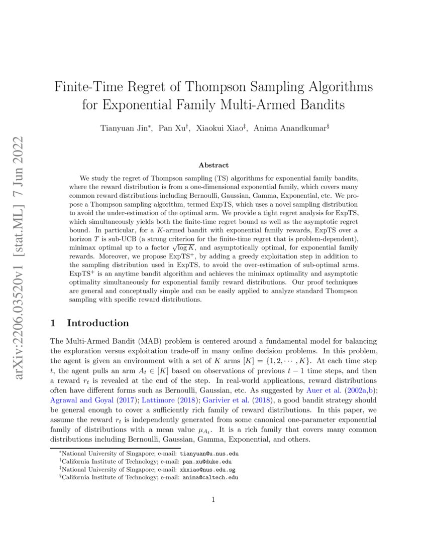 Finite Time Regret Of Thompson Sampling Algorithms For Exponential
