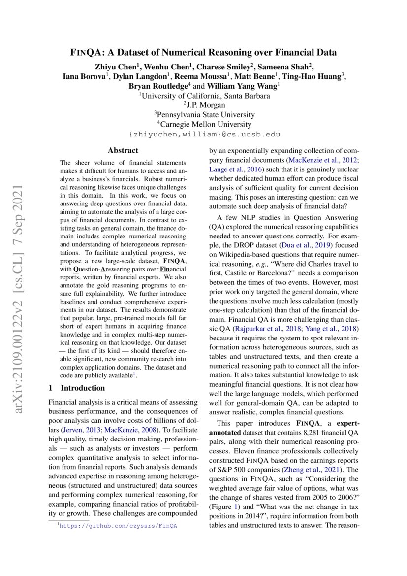FinQA: A Dataset of Numerical Reasoning over Financial Data | DeepAI