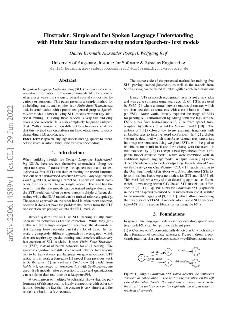 Finstreder: Simple and fast Spoken Language Understanding with Finite State Transducers using ...