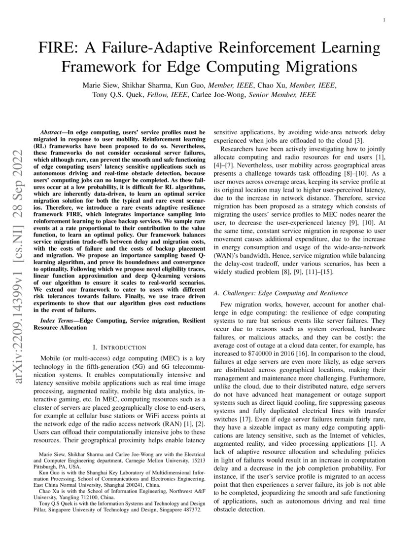 FIRE: A Failure-Adaptive Reinforcement Learning Framework for Edge Computing Migrations | DeepAI