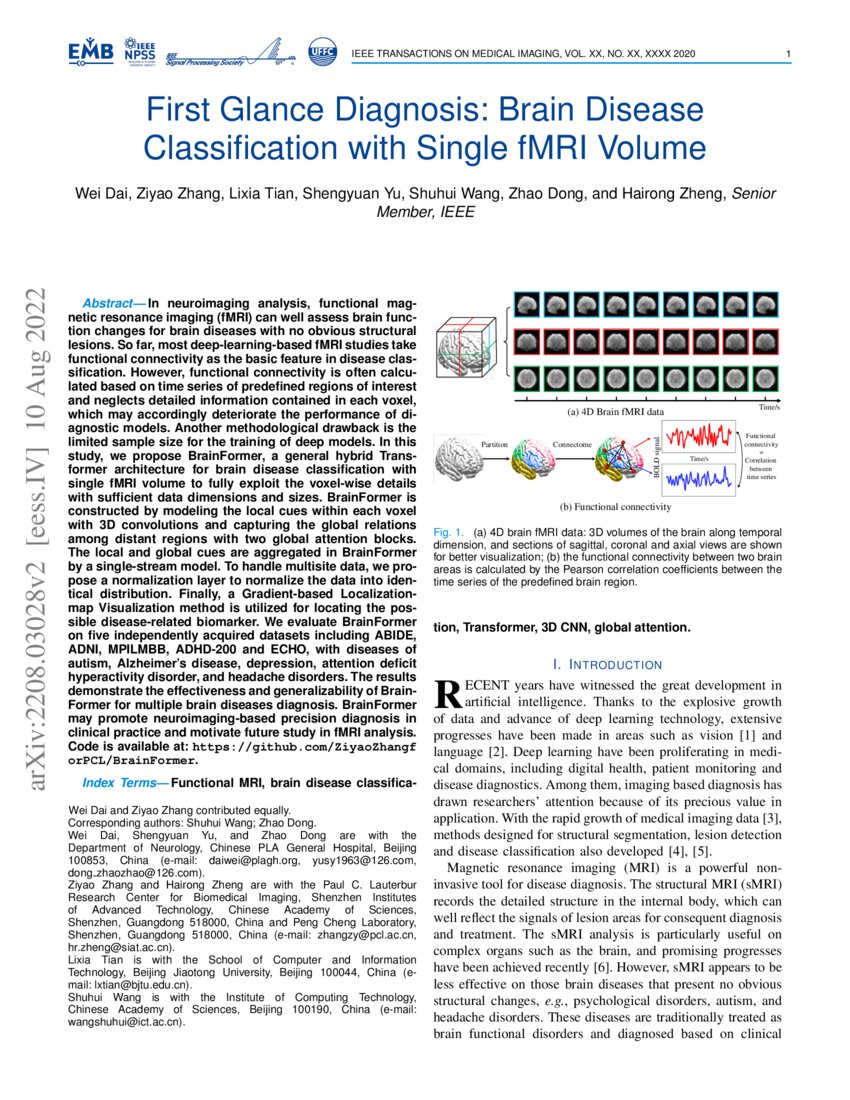 First Glance Diagnosis: Brain Disease Classification with Single fMRI Volume | DeepAI