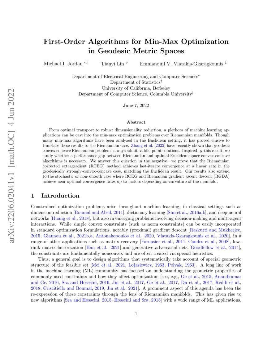 First-Order Algorithms for Min-Max Optimization in Geodesic Metric Spaces | DeepAI