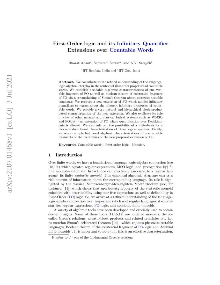 First-Order logic and its Infinitary Quantifier Extensions over Countable Words | DeepAI