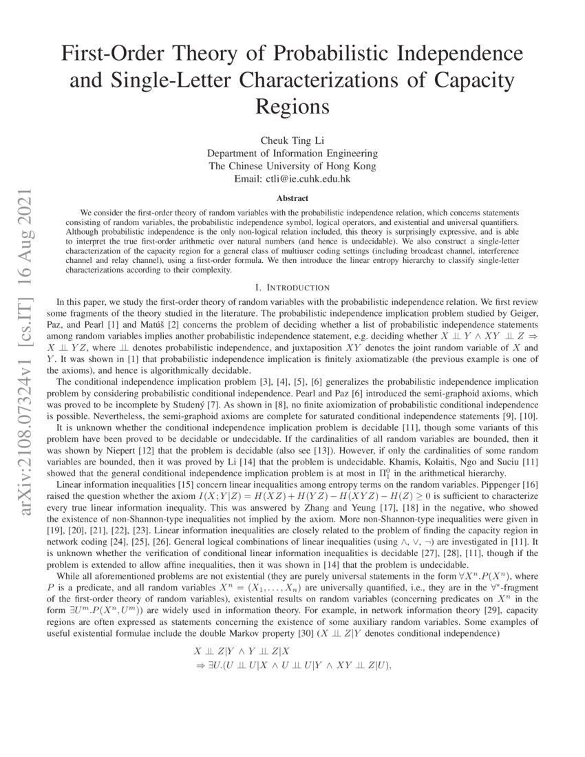 First-Order Theory of Probabilistic Independence and Single-Letter ...