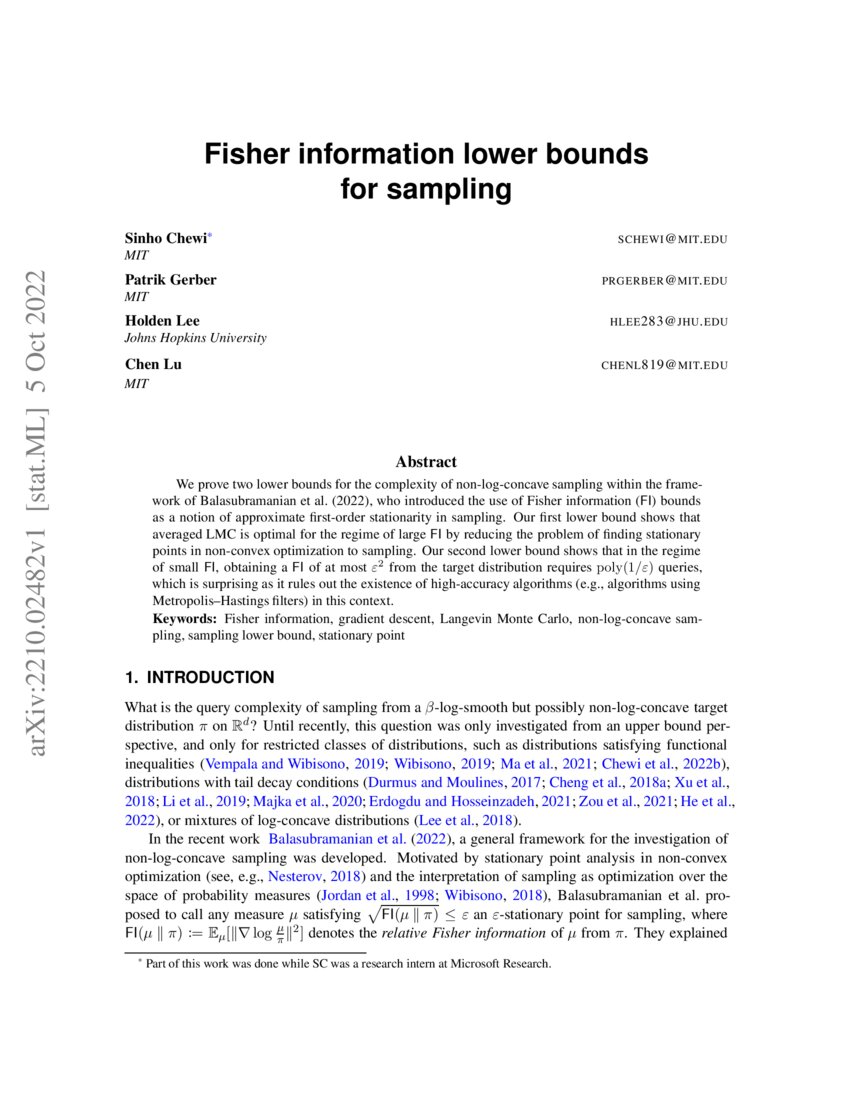 Fisher information lower bounds for sampling | DeepAI