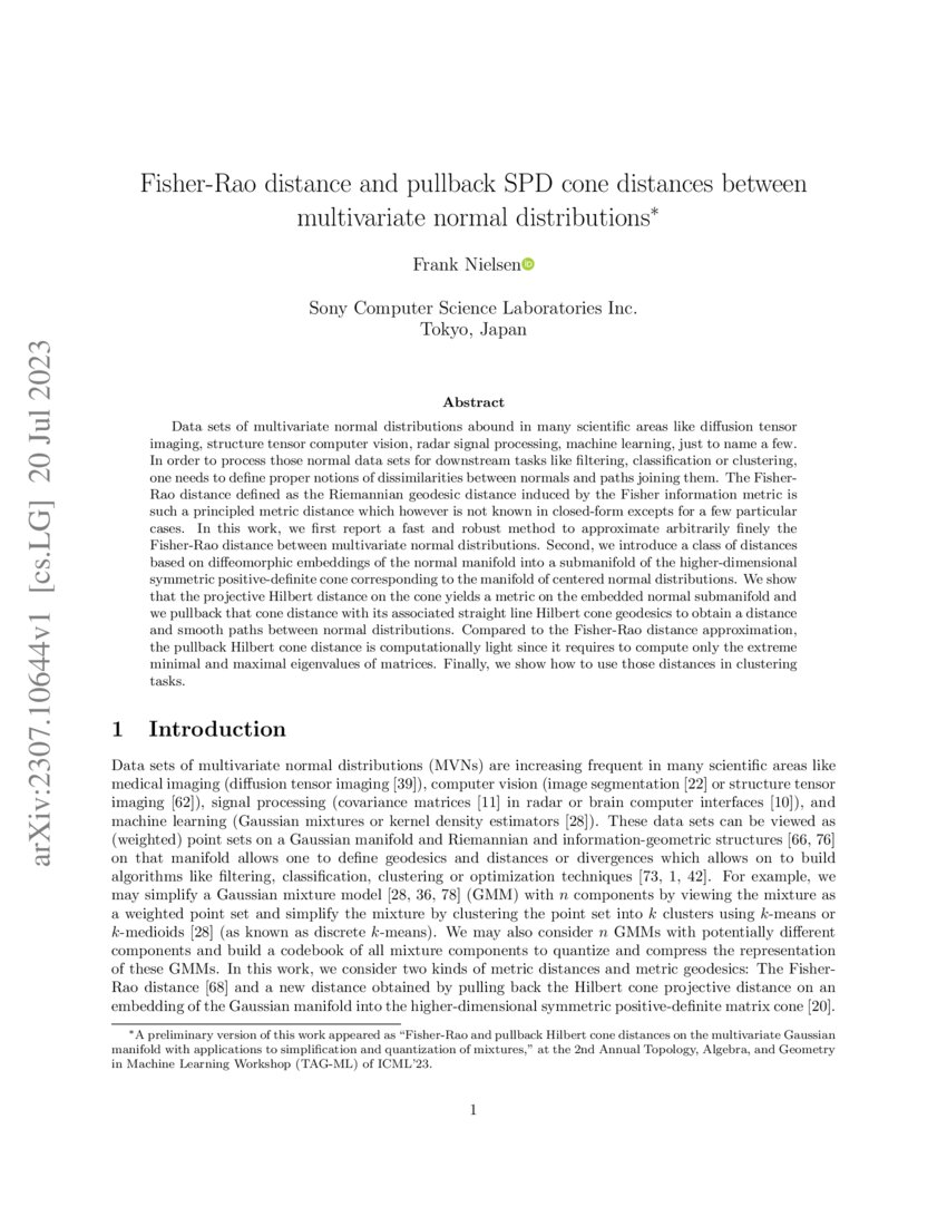 Fisher-Rao distance and pullback SPD cone distances between multivariate normal distributions ...