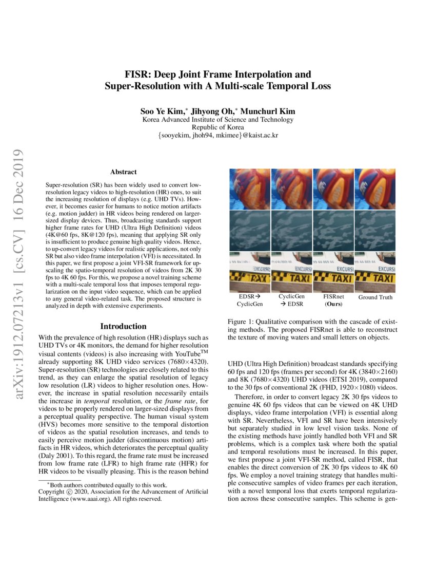 Fisr Deep Joint Frame Interpolation And Super Resolution With A Multi Scale Temporal Loss Deepai