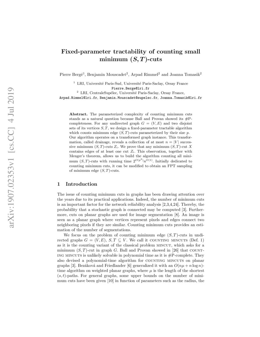 Fixed-parameter tractability of counting small minimum (S,T)-cuts | DeepAI