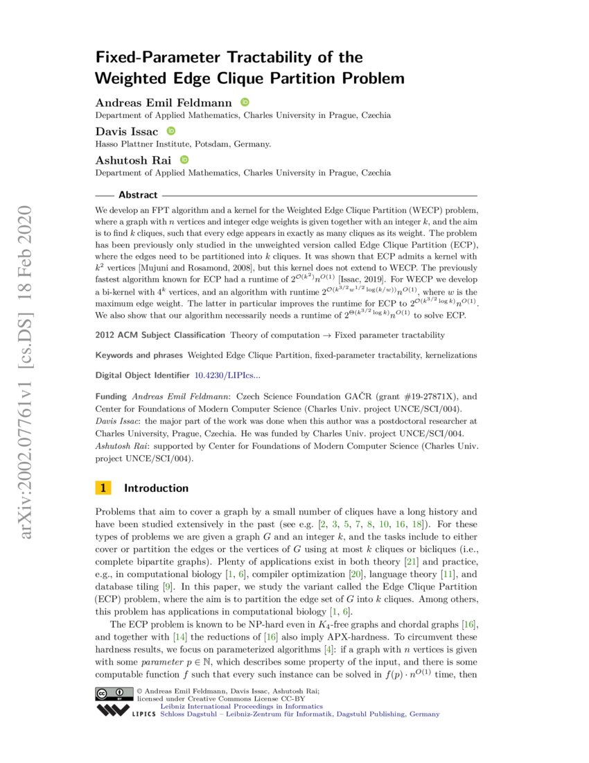 Fixed-Parameter Tractability of the Weighted Edge Clique Partition Problem | DeepAI