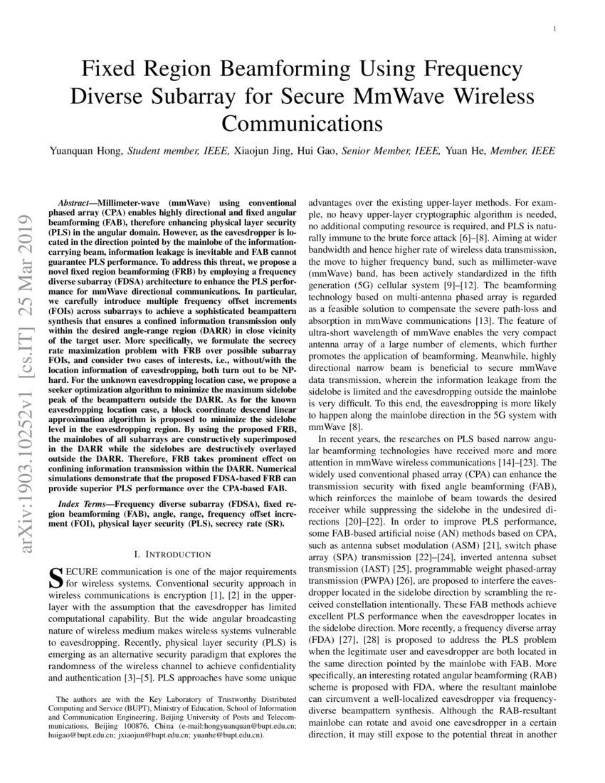 Fixed Region Beamforming Using Frequency Diverse Subarray For Secure Mmwave Wireless 8600