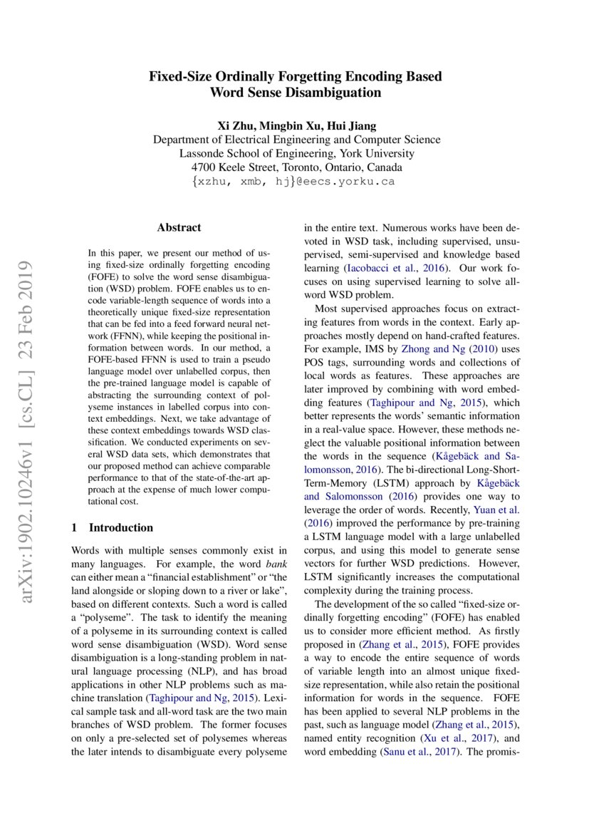 Fixed Size Ordinally Forgetting Encoding Based Word Sense