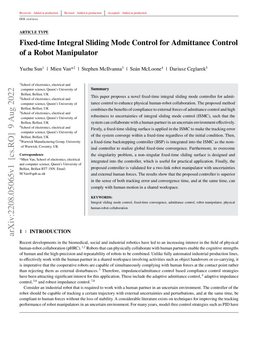 Fixed-time Integral Sliding Mode Control for Admittance Control of a Robot Manipulator | DeepAI