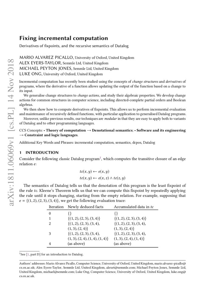 Fixing Incremental Computation Derivatives Of Fixpoints And The Recursive Semantics Of Datalog