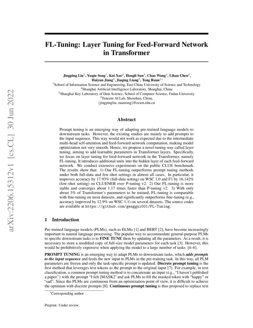 FL-Tuning: Layer Tuning for Feed-Forward Network in Transformer | DeepAI