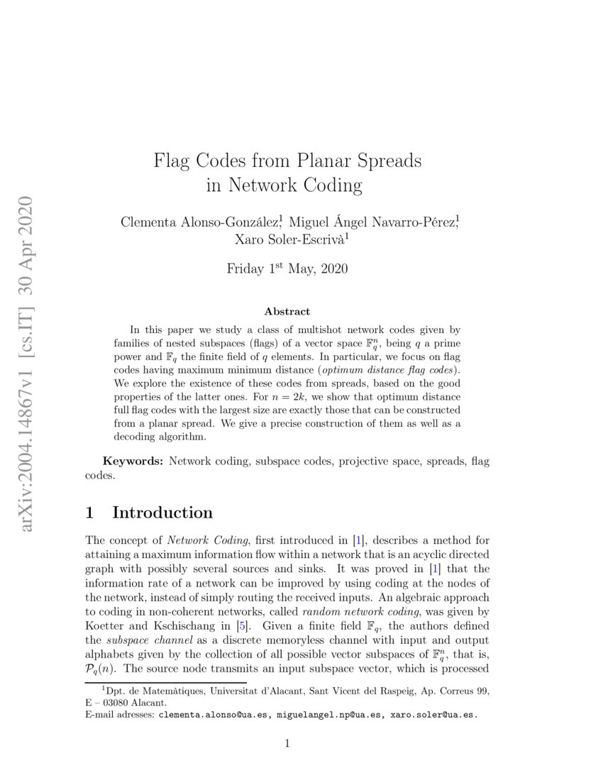 Flag Codes from Planar Spreads in Network Coding | DeepAI