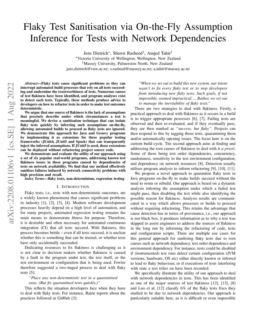 Flaky Test Sanitisation Via On The Fly Assumption Inference For Tests With Network Dependencies 