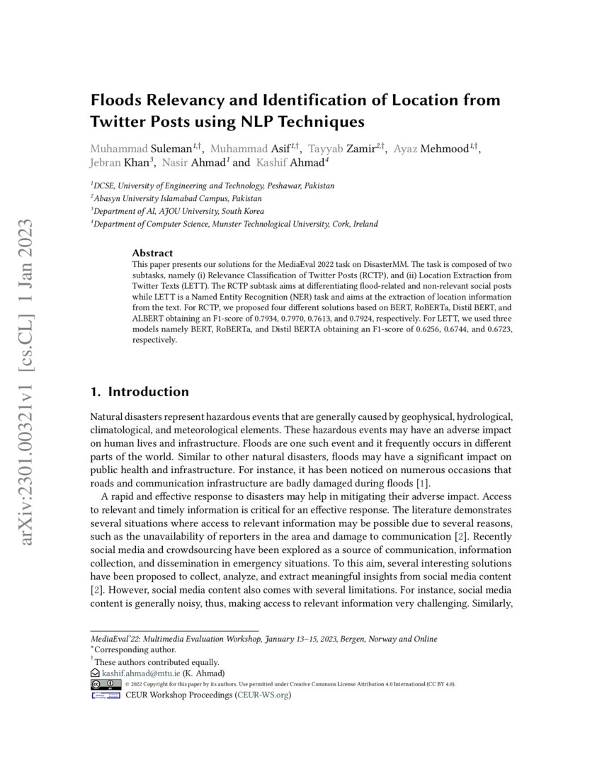 Floods Relevancy and Identification of Location from Twitter Posts using NLP Techniques | DeepAI