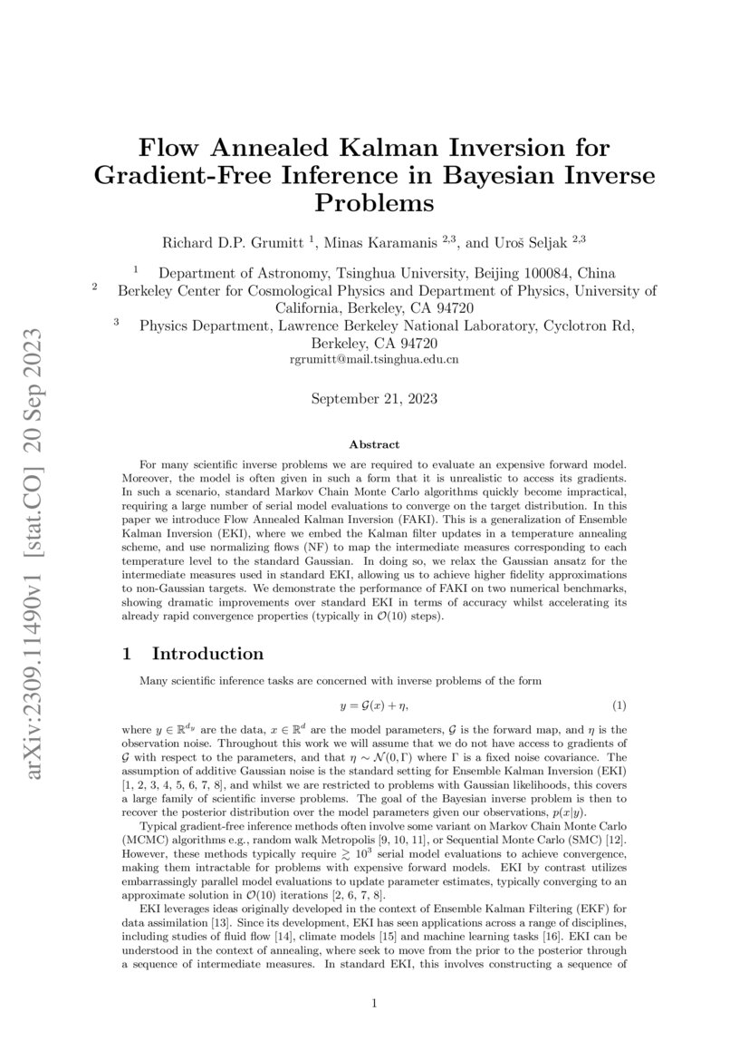 Flow Annealed Kalman Inversion For Gradient Free Inference In Bayesian Inverse Problems Deepai