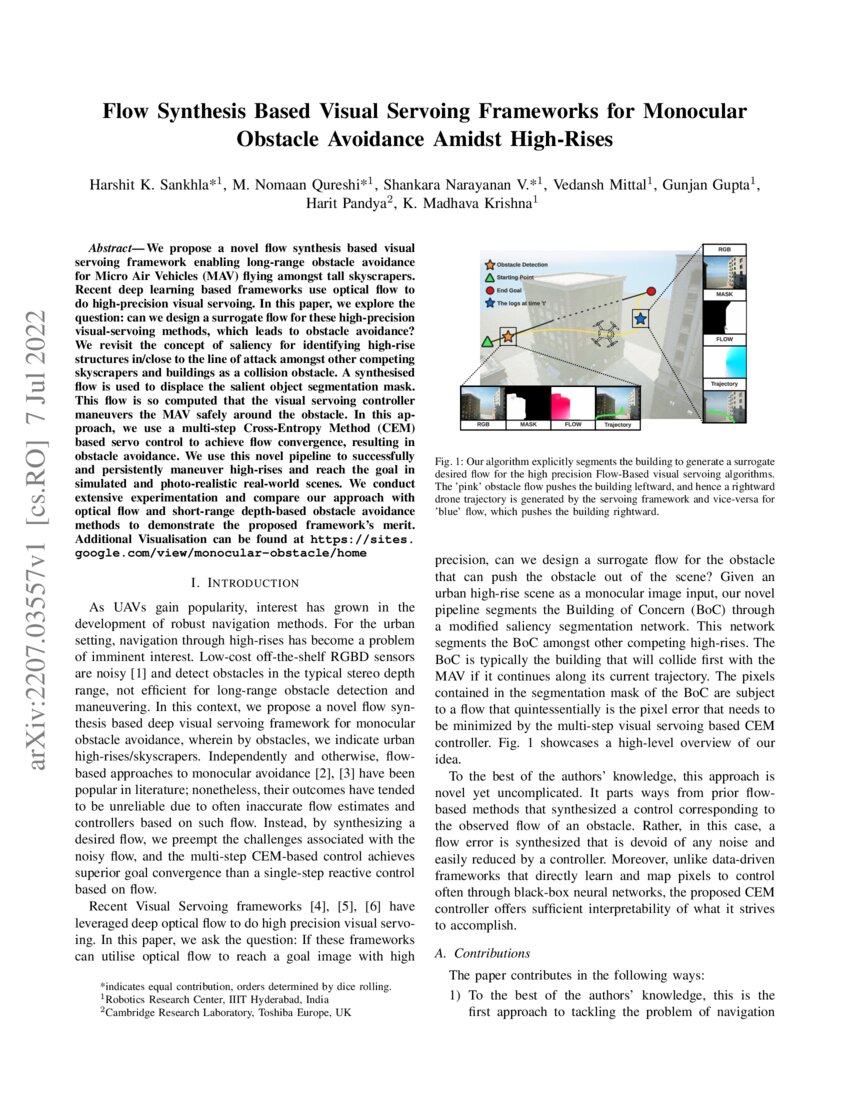 Flow Synthesis Based Visual Servoing Frameworks for Monocular Obstacle ...
