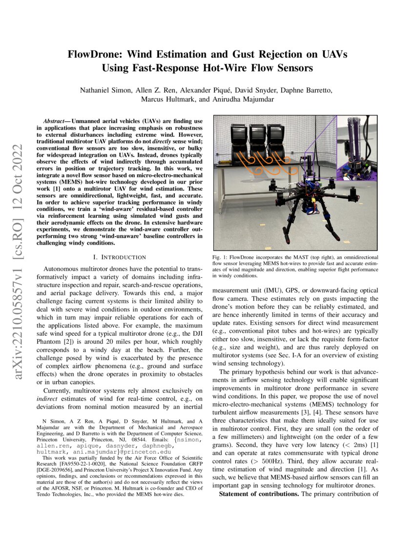 Flowdrone Wind Estimation And Gust Rejection On Uavs Using Fast Response Hot Wire Flow Sensors