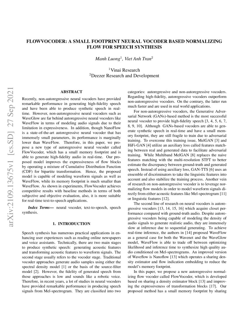 FlowVocoder: A small Footprint Neural Vocoder based Normalizing flow for Speech Synthesis | DeepAI